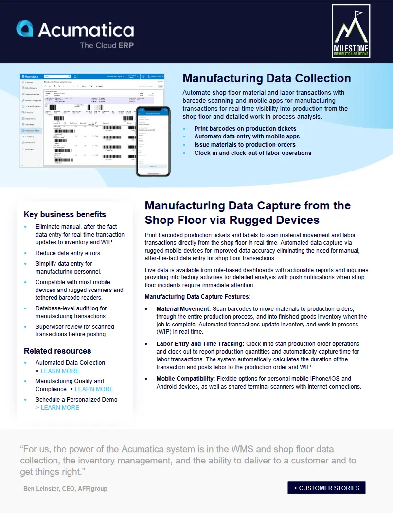 Manufacturing Data Collection - Acumatica Cloud ERP | Milestone IS